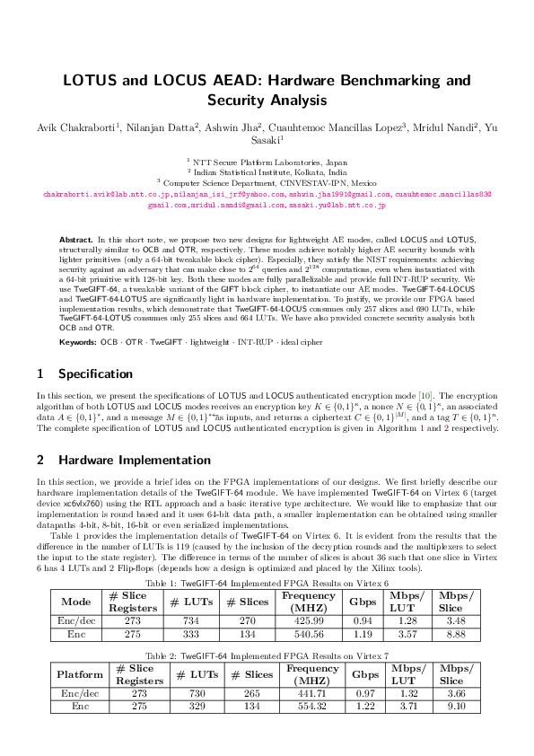 (PDF) LOTUS and LOCUS AEAD: Hardware Benchmarking and Security Analysis