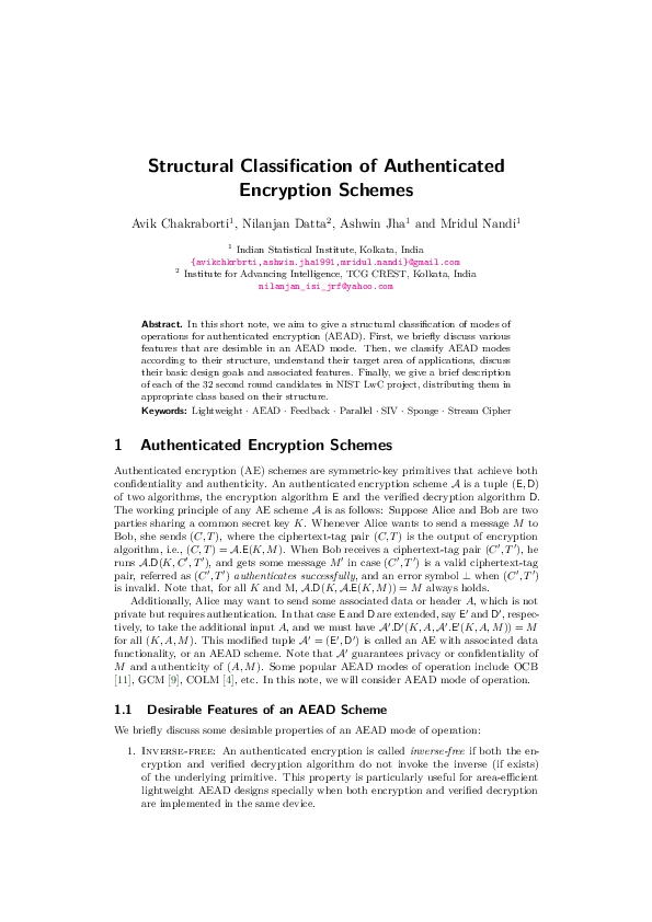 (PDF) Structural Classifcation of Authenticated Encryption Schemes