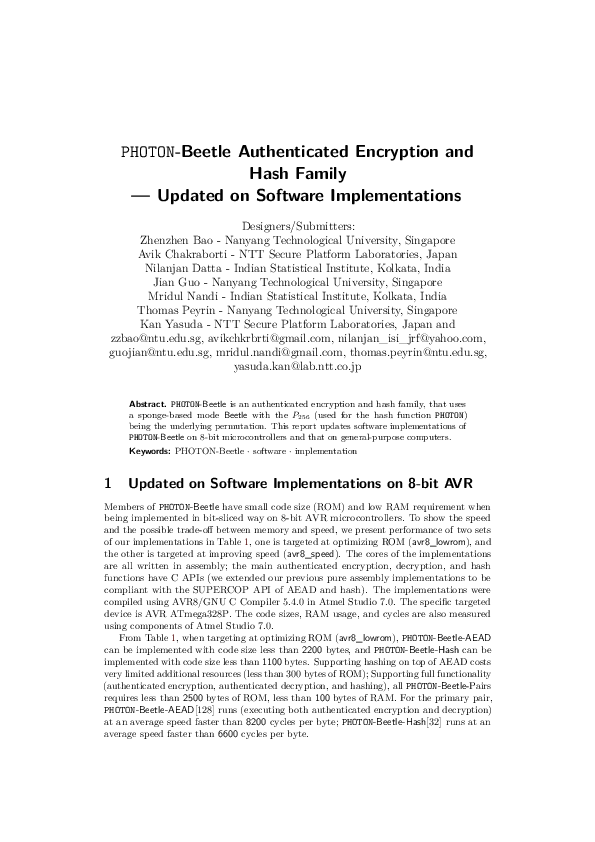 (PDF) PHOTON-Beetle Authenticated Encryption and Hash Family -- Updated on Software Implementation