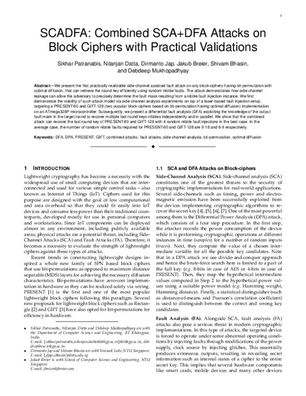 (PDF) SCADFA: Combined SCA+DFA Attacks on Block Ciphers with Practical Validations