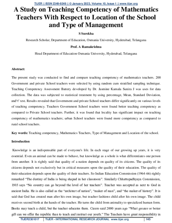(PDF) A Study on Teaching Competency of Mathematics Teachers With ...