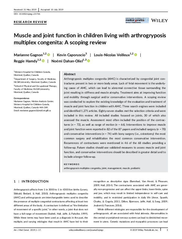 (PDF) Muscle and joint function in children living with arthrogryposis ...