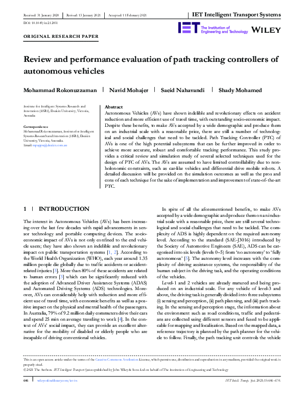 (PDF) Review and performance evaluation of path tracking controllers of ... (PDF) Review and performance evaluation of path tracking controllers of ...