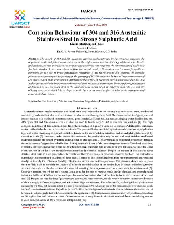 (PDF) Corrosion Behaviour of 304 and 316 Austenitic Stainless Steel in Strong Sulphuric Acid