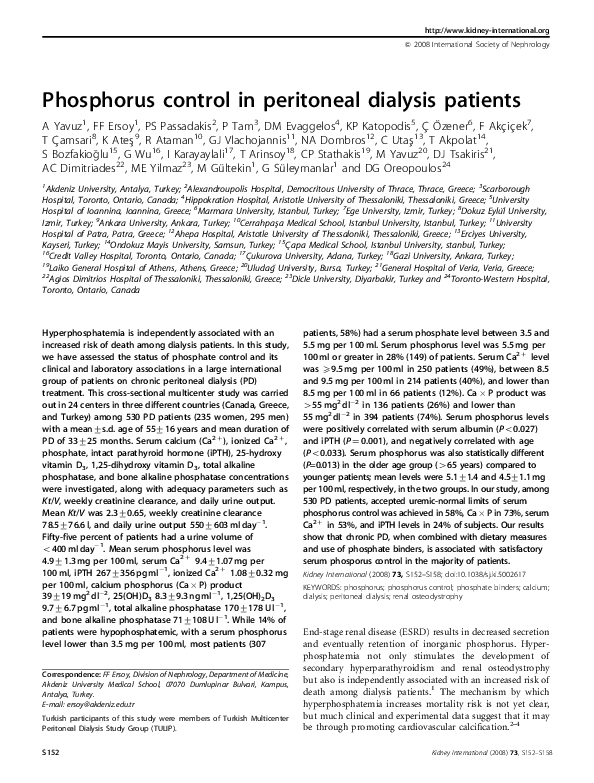 (PDF) Phosphorus control in peritoneal dialysis patients | Taner ...