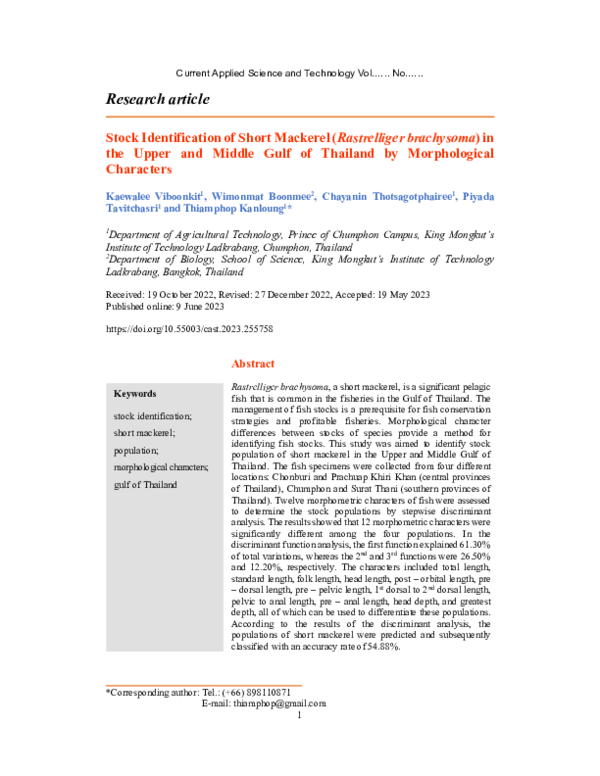 (PDF) Stock Identification of Short Mackerel (Rastrelliger brachysoma ...