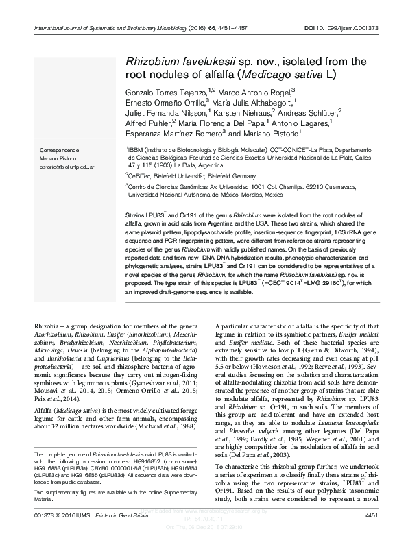 (PDF) Rhizobium favelukesii sp. nov., isolated from the root nodules of alfalfa (Medicago sativa L)