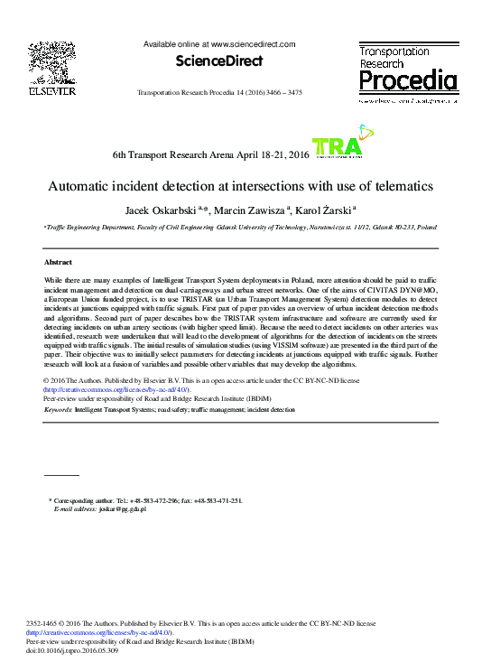 Pdf Automatic Incident Detection At Intersections With Use Of Telematics