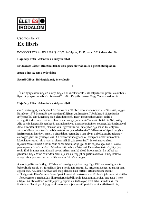 (PDF) Ex libris (pszichiátriáról)