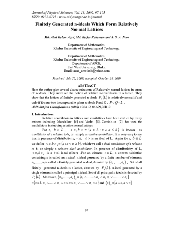 Pdf Finitely Generated N Ideals Which Form Relatively Normal Lattices