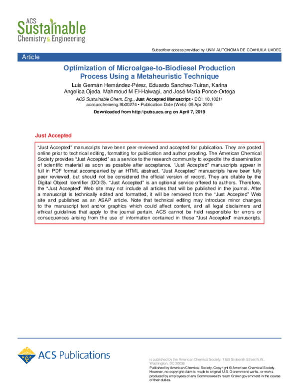 (PDF) Optimization of Microalgae-to-Biodiesel Production Process Using a Metaheuristic Technique