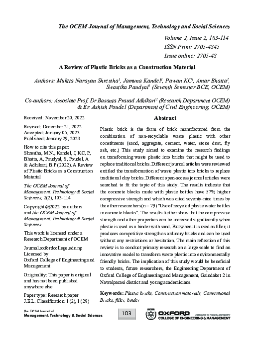 (PDF) A Review of Plastic Bricks as a Construction Material