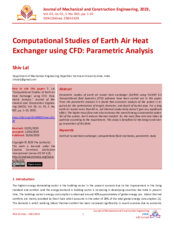 (PDF) Computational Studies of Earth Air Heat Exchanger using CFD: Parametric Analysis