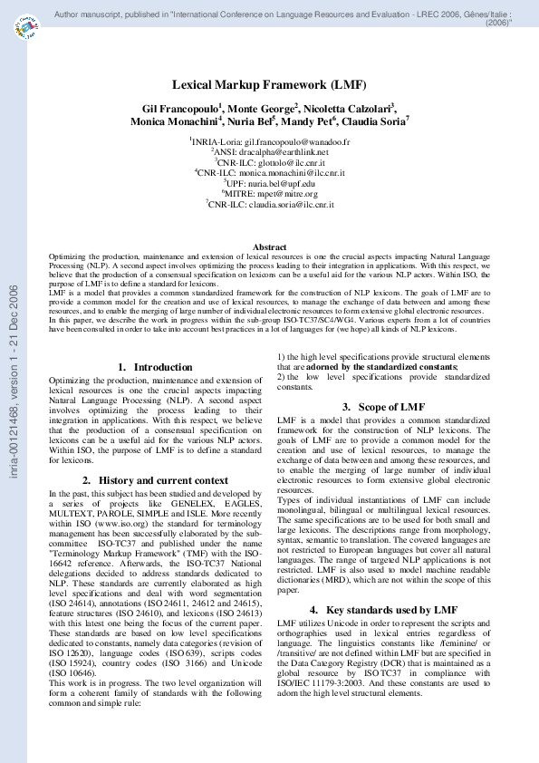 (PDF) Lexical markup framework (LMF)