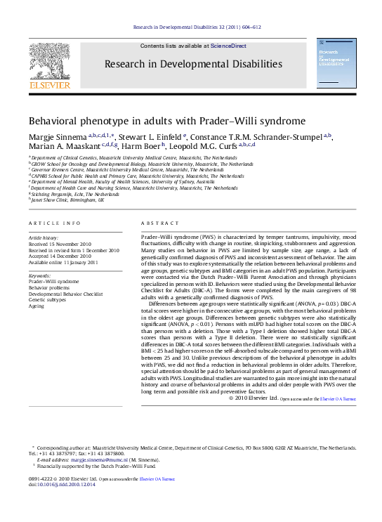 (PDF) Behavioral phenotype in adults with Prader-Willi syndrome | Harm ...