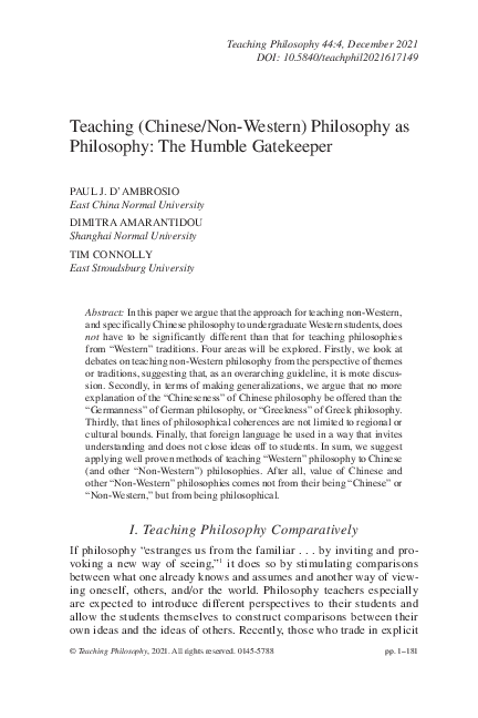 (PDF) Teaching (Chinese/Non-Western) Philosophy as Philosophy: The ...
