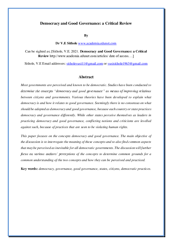 (PDF) Democracy and Good Governance: a Critical Review