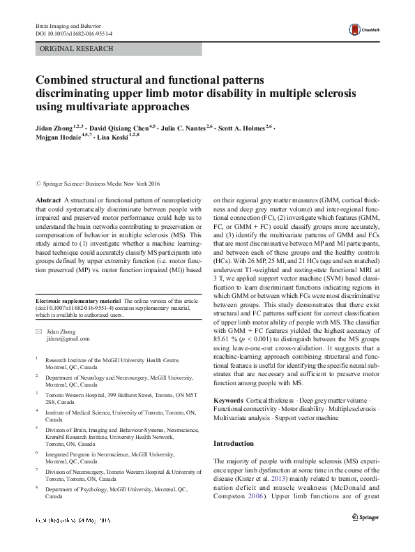 (PDF) Combined structural and functional patterns discriminating upper limb motor disability in ...
