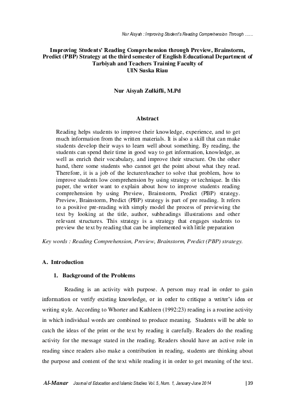 (PDF) Improving Students’ Reading Comprehension Through Preview, Brainstorm, Predict (PBP) Strategy