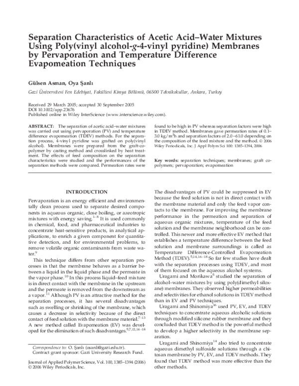 (PDF) Separation characteristics of acetic acid–water mixtures by ...
