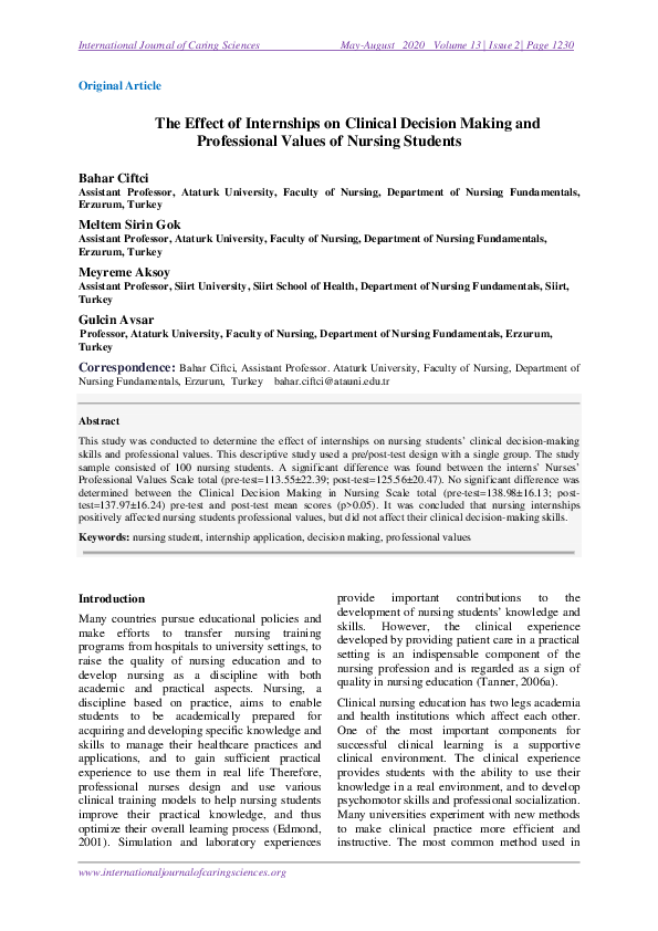 (PDF) The Effect of Internships on Clinical Decision Maki ng and Professional Values of Nursing ...
