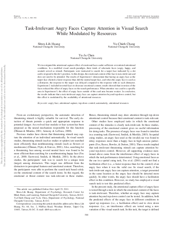 Pdf Task Irrelevant Angry Faces Capture Attention In Visual Search While Modulated By Resources