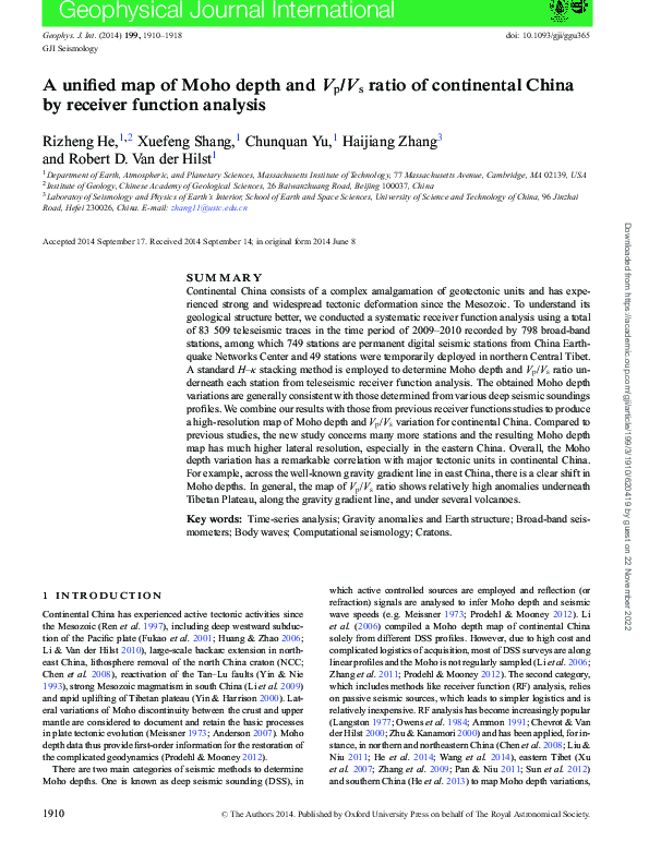 (PDF) A unified map of Moho depth and Vp/Vs ratio of continental China ...