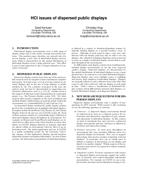 (PDF) HCI issue of dispersed public displays | Gerd Kortuem - Academia.edu