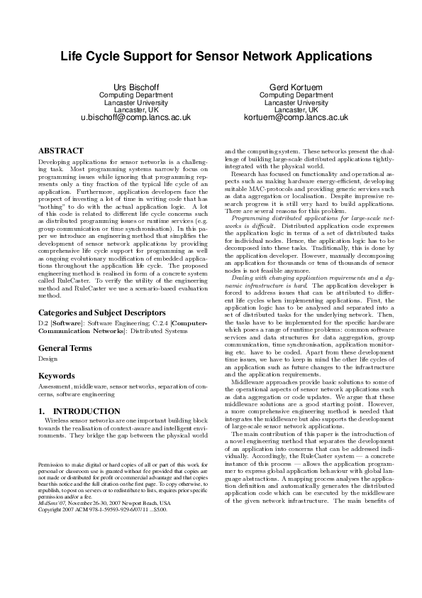 (PDF) Life cycle support for sensor network applications
