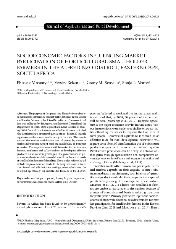 (PDF) Socioeconomic Factors Influencing Market Participation of ...
