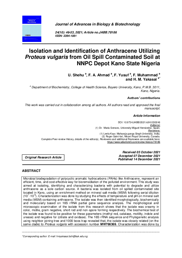 (PDF) Isolation and Identification of Anthracene Utilizing Proteus vulgaris from Oil Spill ...