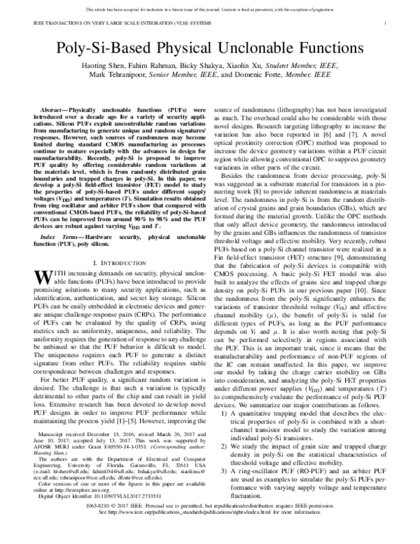 (PDF) Poly-Si-Based Physical Unclonable Functions | Fahim Rahman - Academia.edu