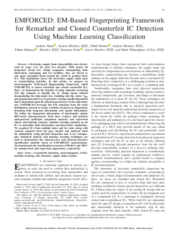 Pdf Emforced Em Based Fingerprinting Framework For Remarked And Cloned Counterfeit Ic