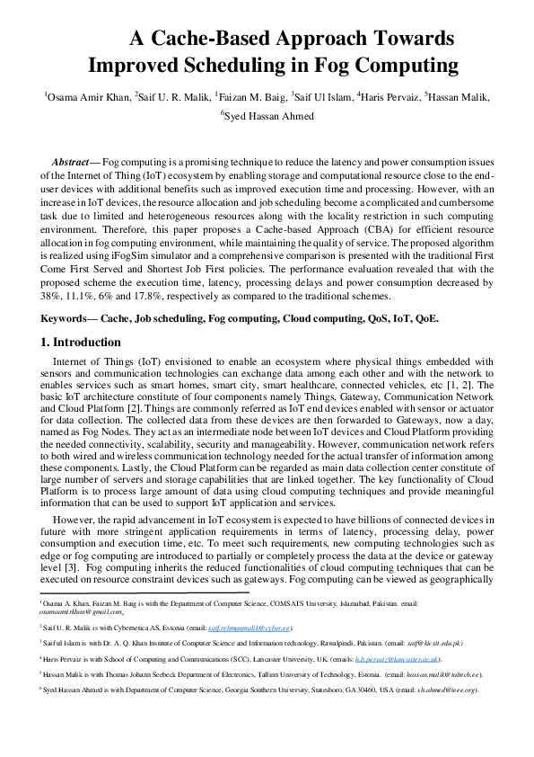 (PDF) A cache‐based approach toward improved scheduling in fog computing