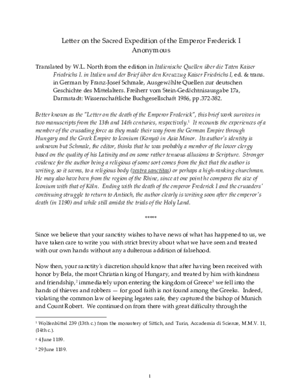 (PDF) Anonymous, Letter on the Death of the Emperor Frederick I Barbarossa