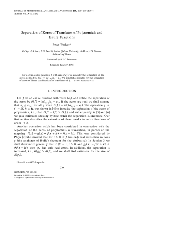 Pdf Separation Of Zeros Of Translates Of Polynomials And Entire Functions
