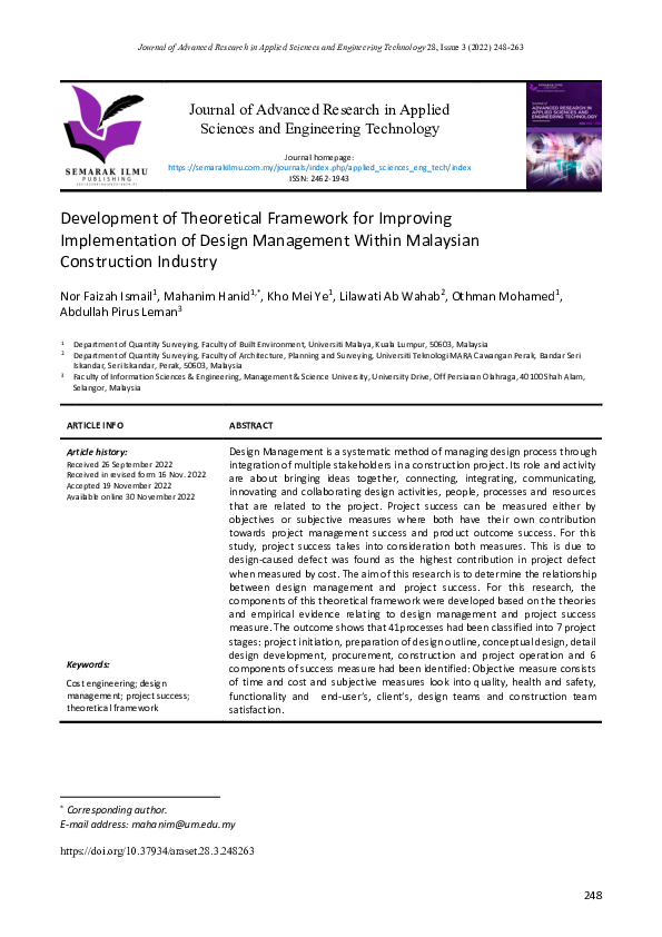 (PDF) Development of Theoretical Framework for Improving Implementation of Design Management ...