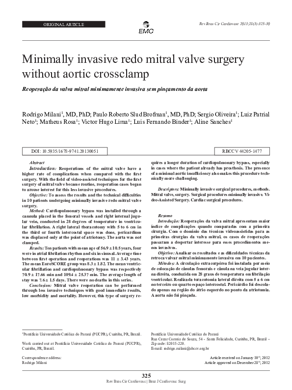 (PDF) Minimally invasive redo mitral valve surgery without aortic crossclamp