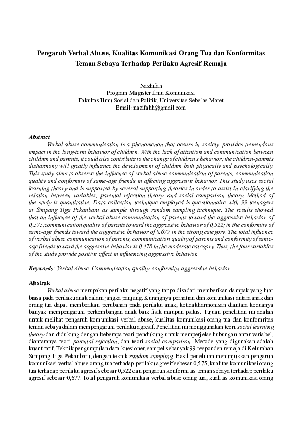 (PDF) Pengaruh Verbal Abuse, Kualitas Komunikasi Orang Tua dan Konformitas Teman Sebaya Terhadap ...