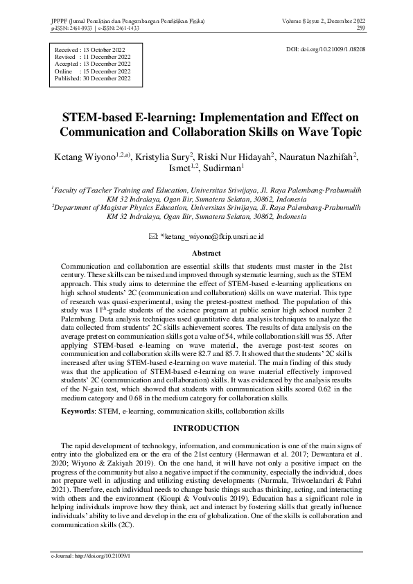 (PDF) STEM-based E-learning: Implementation and Effect on Communication and Collaboration Skills ...