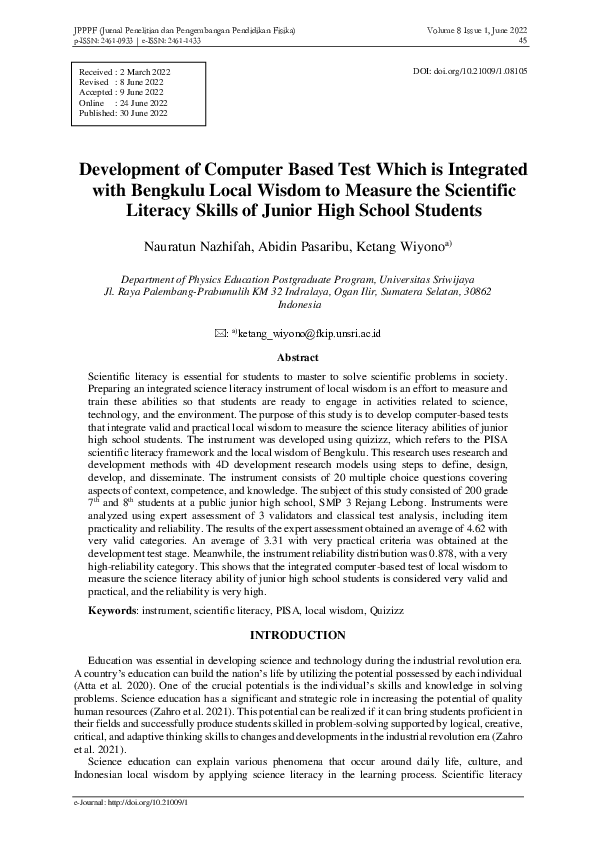 Development of Computer Based Test Which is Integrated with Bengkulu ...