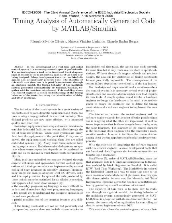 Pdf Timing Analysis Of Automatically Generated Code By Matlabsimulink Marcos Aurélio
