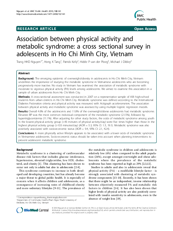 (PDF) Association between physical activity and metabolic syndrome: a cross sectional survey in ...