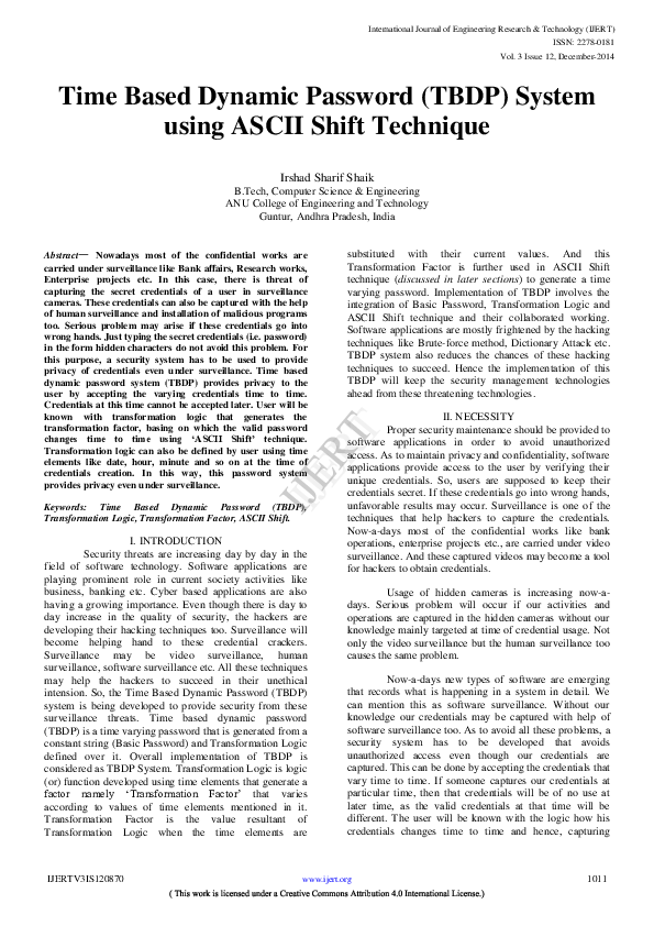 (PDF) Time Based Dynamic Password (TBDP) System using ASCII Shift Technique