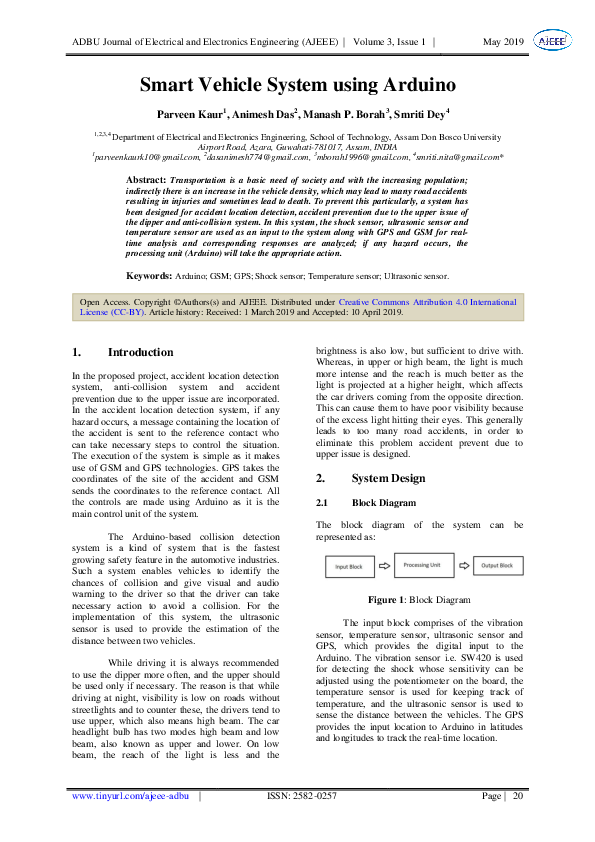 Pdf Smart Vehicle System Using Arduino