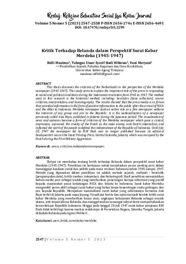 (PDF) Kritik Terhadap Belanda Dalam Perspektif Surat Kabar Merdeka ...
