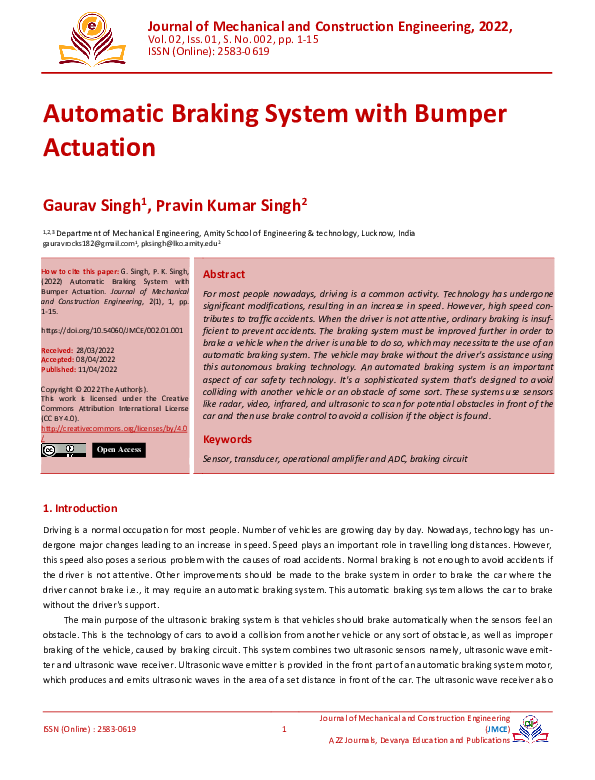(PDF) Automatic Braking System with Bumper Actuation