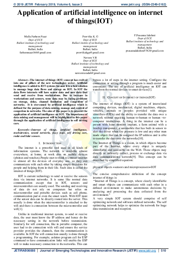 (PDF) Application of artificial intelligence on internet of things(IOT)