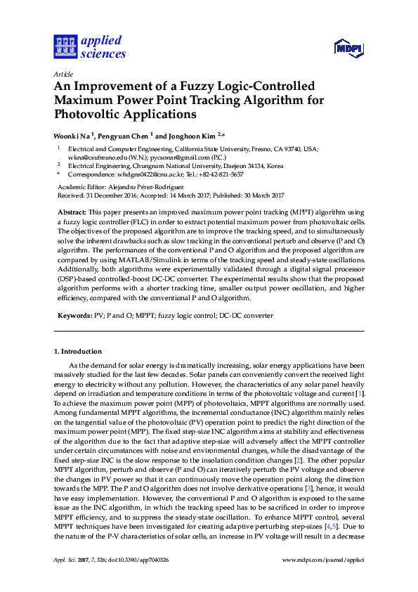 Pdf An Improvement Of A Fuzzy Logic Controlled Maximum Power Point Tracking Algorithm For