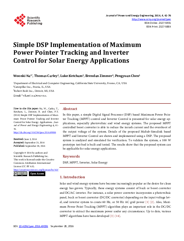 Pdf Simple Dsp Implementation Of Maximum Power Pointer Tracking And